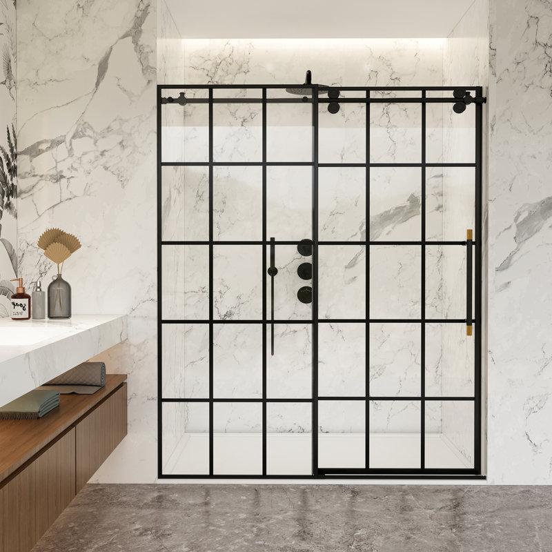 Vinnova Puente 68" W x 78" H Single Sliding Shower Door in Matte Black | Wayfair